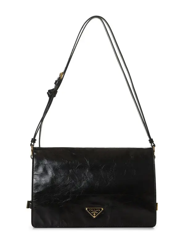 Prada Black Calf Leather Medium Shoulder Bag With Foldover Top - Multicolor