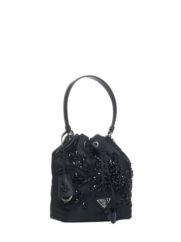 Prada Re-nylon Mini Bucket Bag With Crystal Embellishment