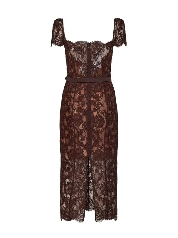 SELF-PORTRAIT Brown Floral Lace Belted Midi Dress - Multicolor