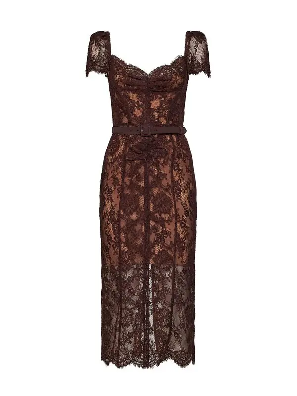 SELF-PORTRAIT Brown Floral Lace Belted Midi Dress - Multicolor