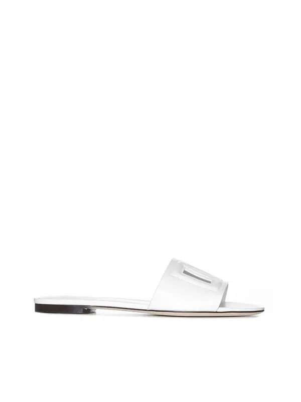 Dolce & Gabbana White Leather Cut-out Logo Slide Sandals - Multicolor