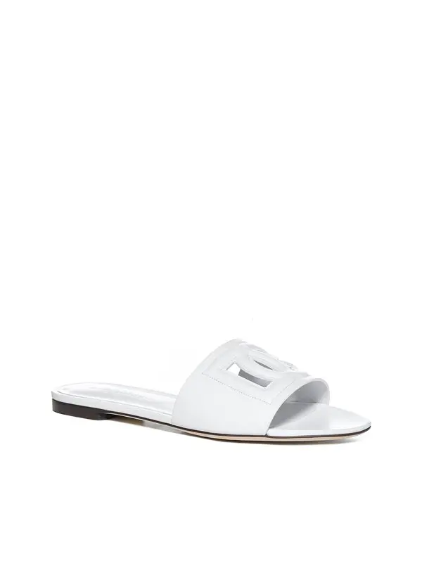 Dolce & Gabbana White Leather Cut-out Logo Slide Sandals - Multicolor