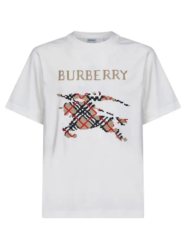 Burberry Chalk White Cotton T-shirt With Cross-stitch Knight - Multicolor