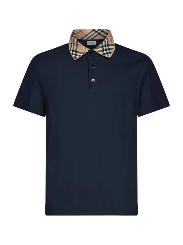 Burberry Navy Blue Cotton Pique Polo Shirt With Check Collar - Multicolor