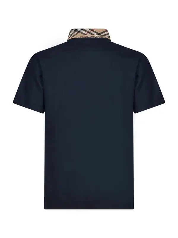 Burberry Navy Blue Cotton Pique Polo Shirt With Check Collar - Multicolor