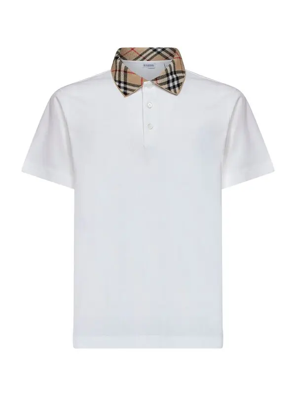 Burberry Chalk White Cotton Pique Polo Shirt With Check Collar - Multicolor