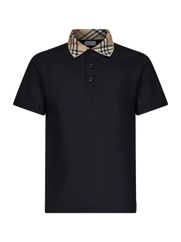 Burberry Black Cotton Pique Polo Shirt With Check Collar - Multicolor