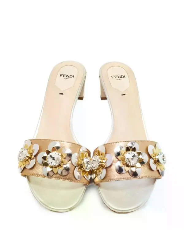 Fendi Tone Crystal Embellished Floral Appliqué Block Heel Sandals