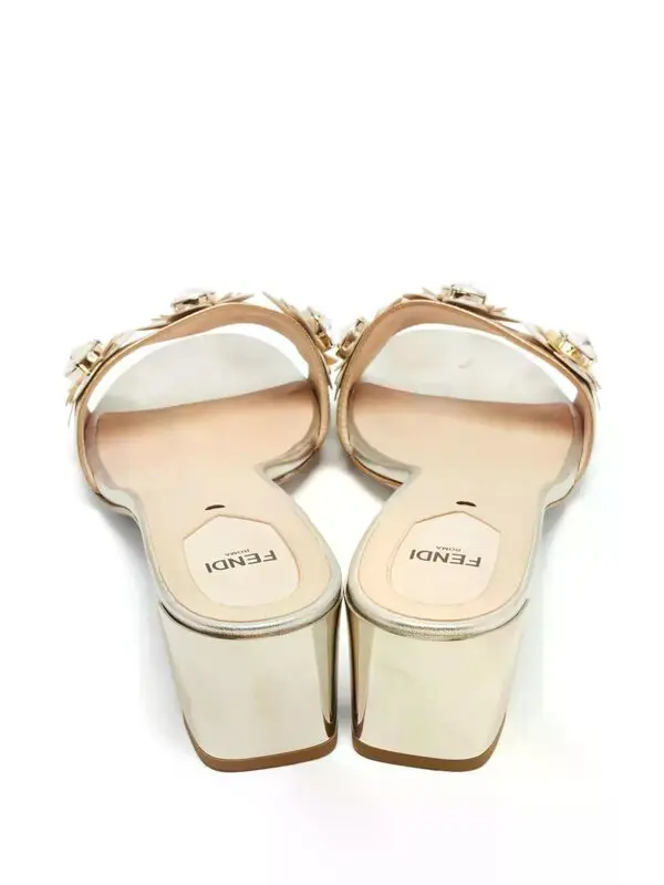 Fendi Tone Crystal Embellished Floral Appliqué Block Heel Sandals