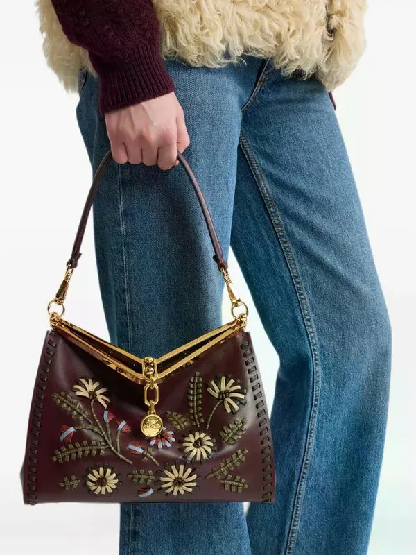 Etro Medium Leather Vela Bag With Threading And Floral Motif