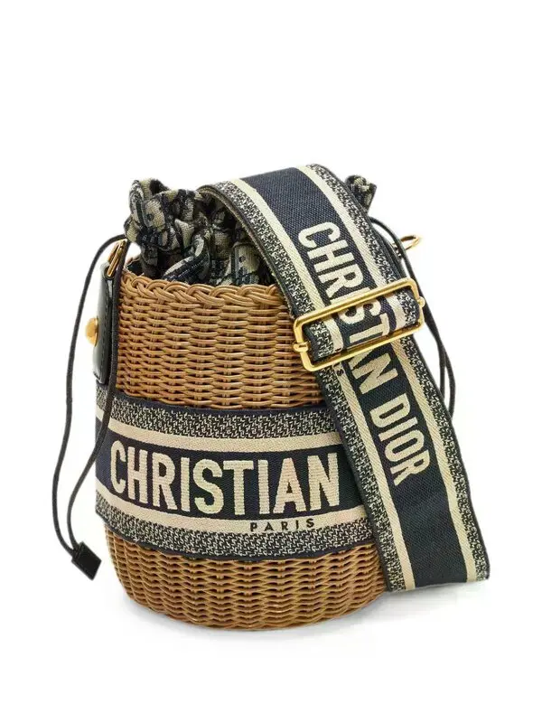 Dior Woven Wicker Oblique Canvas Drawstring Bucket Bag - Neutrals