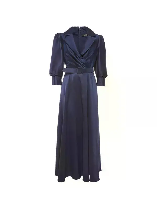 Badgley Mischka Belted Puff-sleeve Maxi Gown - Blue