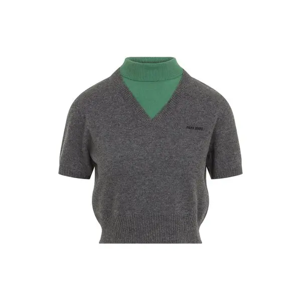 Miu Miu Layered Wool & Cashmere V-neck Sweater With Integrated Turtleneck