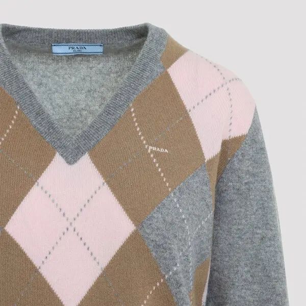 Prada Argyle V-neck Wool Sweater - Gray