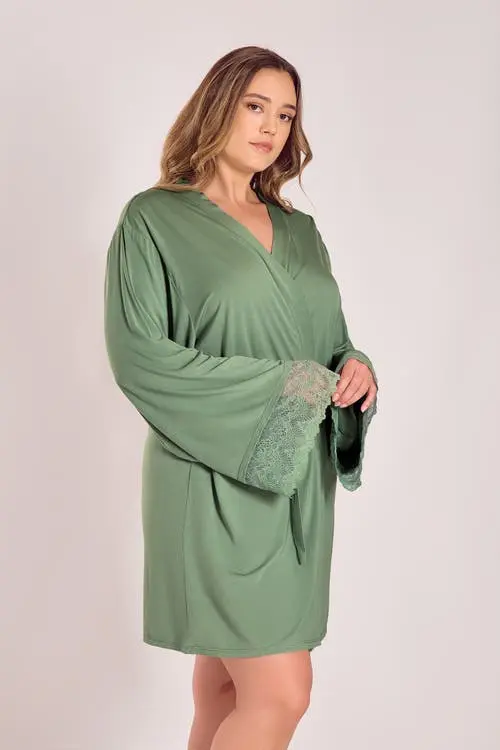 ICOLLECTION Lace-trimmed Modal Robe With Adjustable Ties
