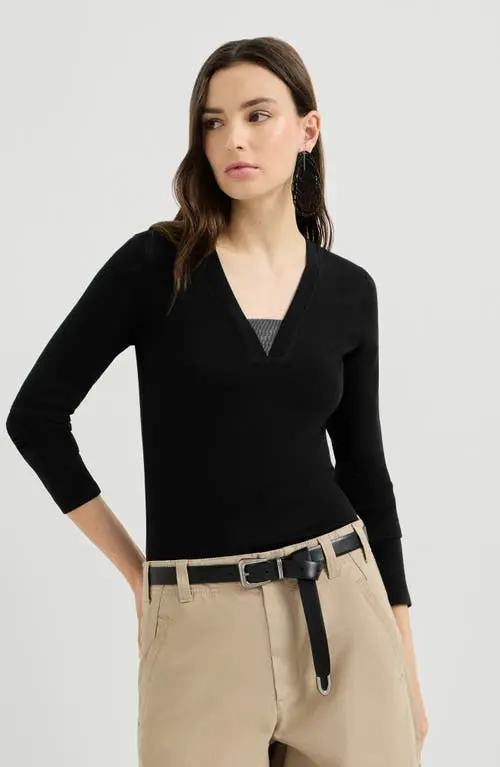 Brunello Cucinelli Stretch Cotton Ribbed Jersey Top With Precious Insert - Black