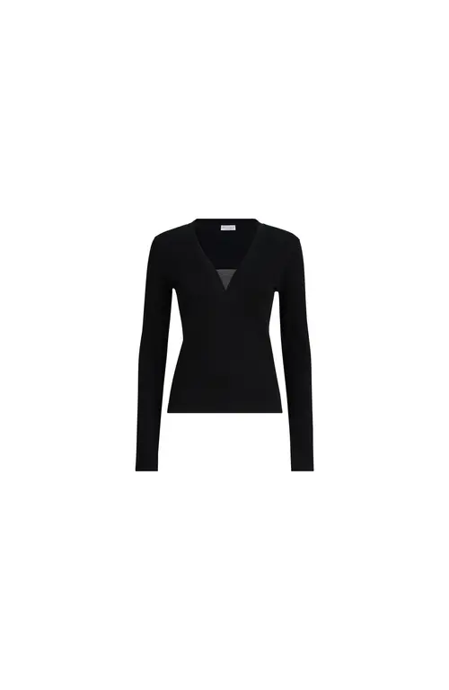 Brunello Cucinelli Stretch Cotton Ribbed Jersey Top With Precious Insert - Black