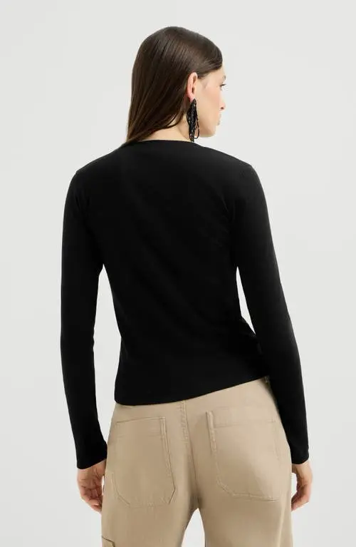Brunello Cucinelli Stretch Cotton Ribbed Jersey Top With Precious Insert - Black