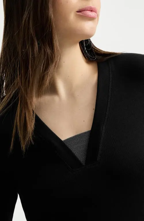 Brunello Cucinelli Stretch Cotton Ribbed Jersey Top With Precious Insert - Black