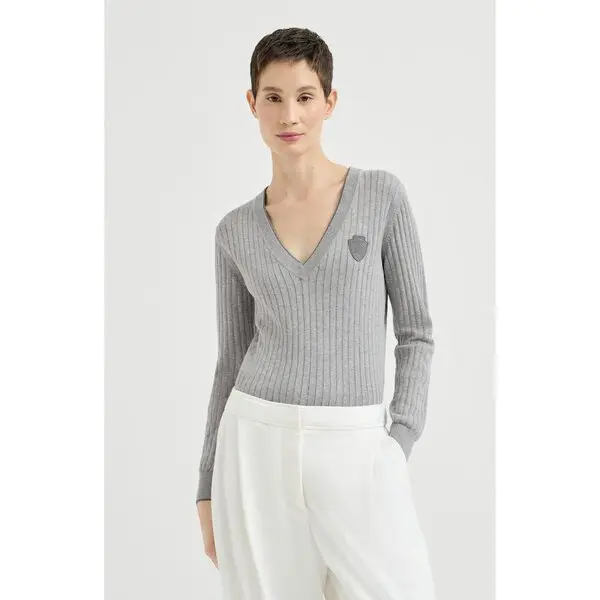 Brunello Cucinelli Cotton Ribbed V-neck Sweater - Grey