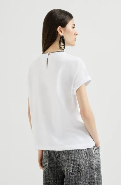 Brunello Cucinelli Stretch Cotton Jersey T-shirt With Monili - White