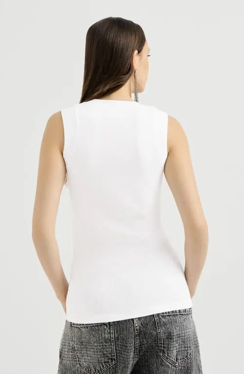 Brunello Cucinelli Stretch Cotton Jersey V-neck T-shirt With Monili Embellishment - White