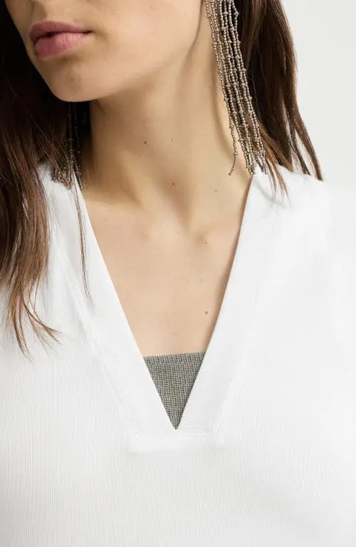 Brunello Cucinelli Stretch Cotton Jersey V-neck T-shirt With Monili Embellishment - White
