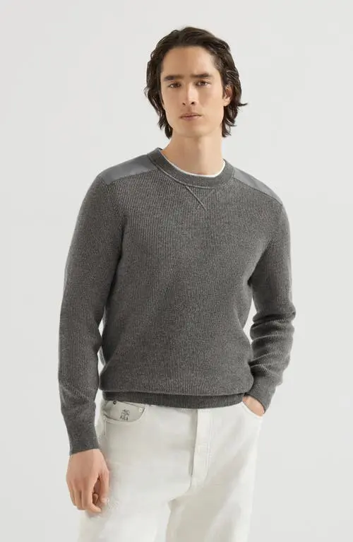 Brunello Cucinelli Cashmere Ribbed Sweater With Cotton Inserts - Lead
