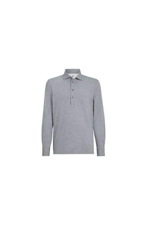 Brunello Cucinelli Cotton Jersey Long Sleeve Polo With Shirt-style Collar - Medium Grey