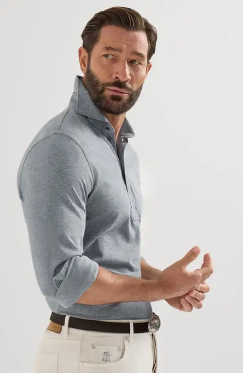 Brunello Cucinelli Cotton Jersey Long Sleeve Polo With Shirt-style Collar - Medium Grey