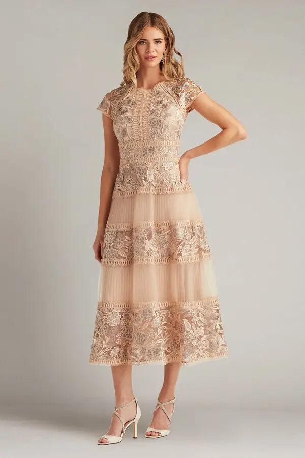 Tadashi Shoji Tamsin Embroidered Tulle Midi Dress - Pebble
