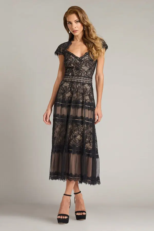 Tadashi Shoji Maelle Lace Midi Dress - Black/nude