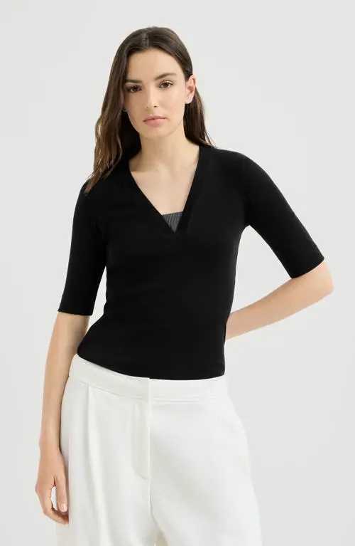 Brunello Cucinelli Stretch Cotton Ribbed Jersey Top With Precious Insert - Black