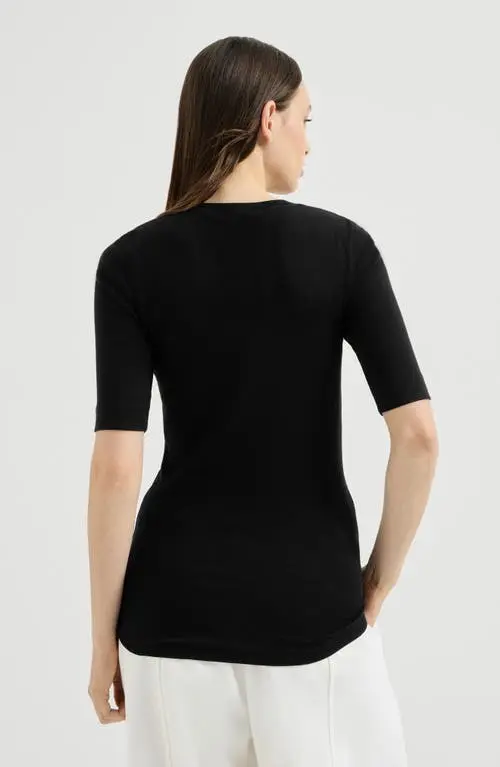 Brunello Cucinelli Stretch Cotton Ribbed Jersey Top With Precious Insert - Black