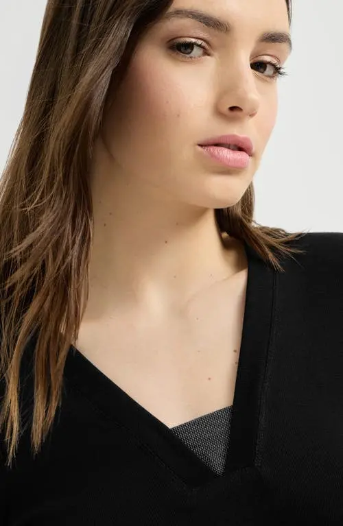 Brunello Cucinelli Stretch Cotton Ribbed Jersey Top With Precious Insert - Black