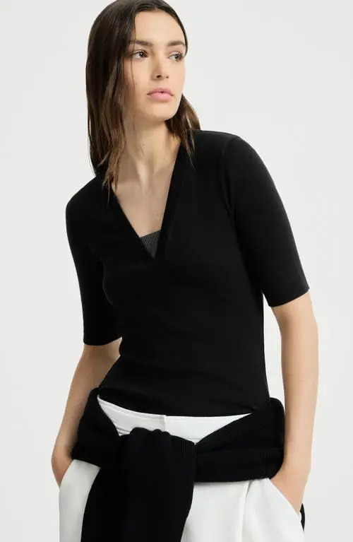 Brunello Cucinelli Stretch Cotton Ribbed Jersey Top With Precious Insert - Black