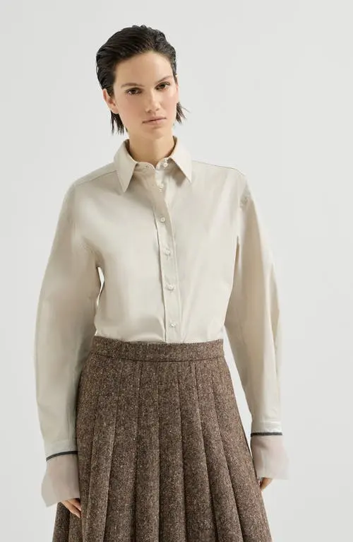 Brunello Cucinelli Stretch Cotton Poplin Shirt With Shiny Silk Cuffs - Ivory