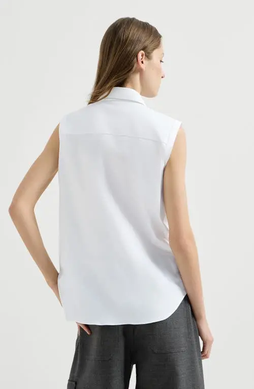 Brunello Cucinelli Stretch Cotton Poplin Sleeveless Shirt With Shiny Trim - White