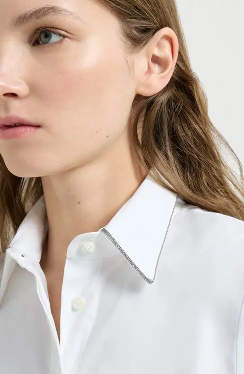 Brunello Cucinelli Stretch Cotton Poplin Sleeveless Shirt With Shiny Trim - White