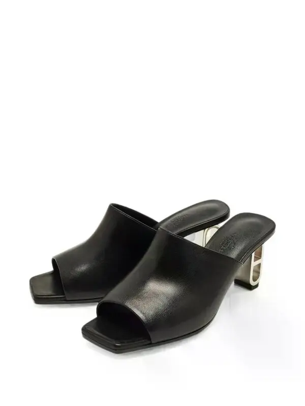 Hermès Leather Square Toe Slip-on Heeled Sandals - Black
