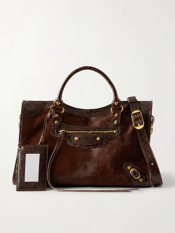 Balenciaga Le City Crinkled Leather-trimmed Pony Hair Shoulder Bag - Brown