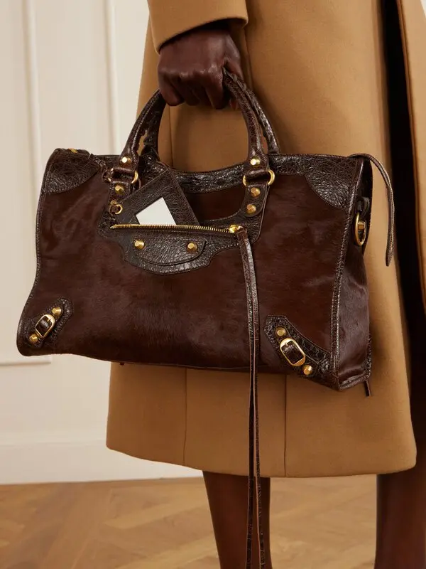 Balenciaga Le City Crinkled Leather-trimmed Pony Hair Shoulder Bag - Brown