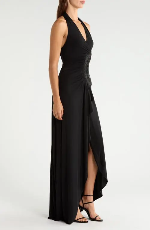 House Of Cb Natalina Beaded Cutout Halter Jersey Gown