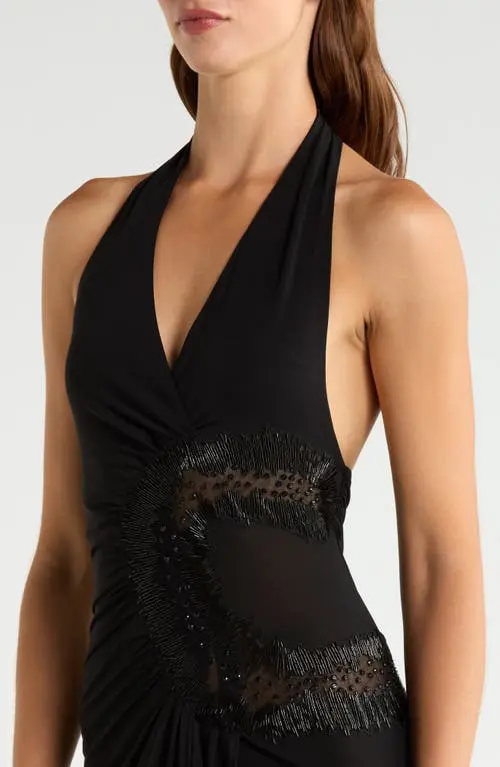 House Of Cb Natalina Beaded Cutout Halter Jersey Gown