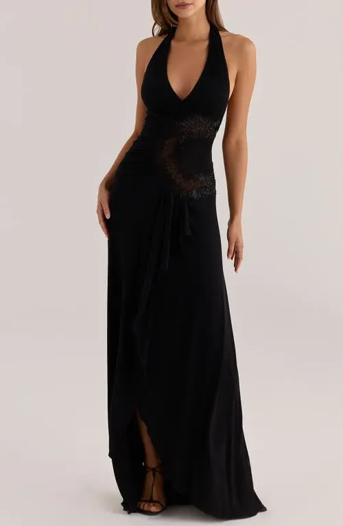 House Of Cb Natalina Beaded Cutout Halter Jersey Gown