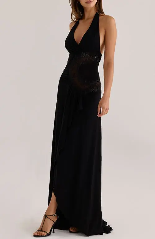 House Of Cb Natalina Beaded Cutout Halter Jersey Gown