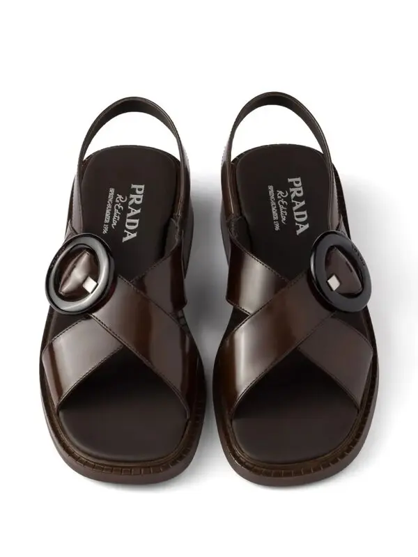 Prada Brushed Leather Crisscross Band Sandals With Plexiglas Buckle - Brown