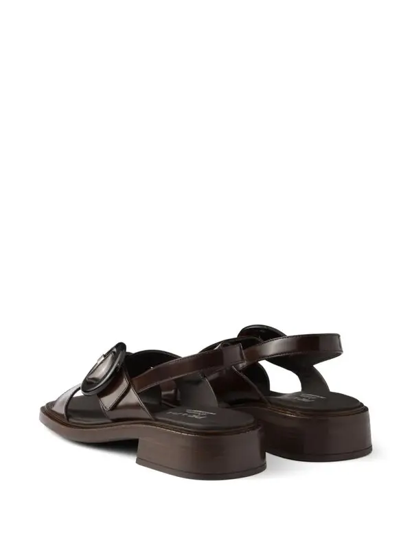 Prada Brushed Leather Crisscross Band Sandals With Plexiglas Buckle - Brown