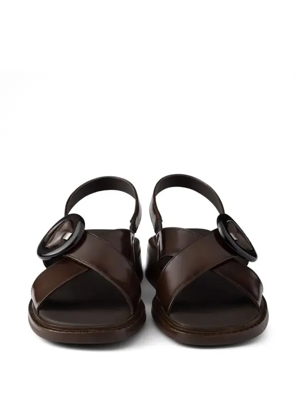 Prada Brushed Leather Crisscross Band Sandals With Plexiglas Buckle - Brown