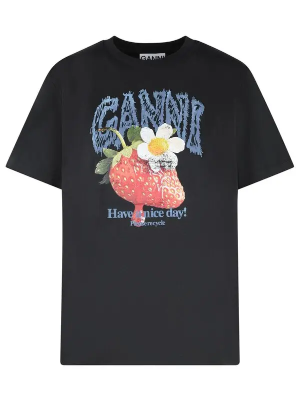 GANNI Strawberry Graphic Cotton T-shirt - Gray